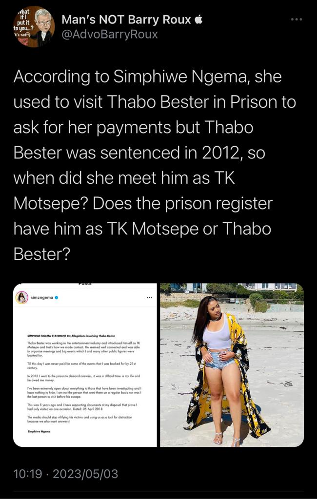 Simphiwe Ngema admits to visiting Thabo Bester in prison – Y