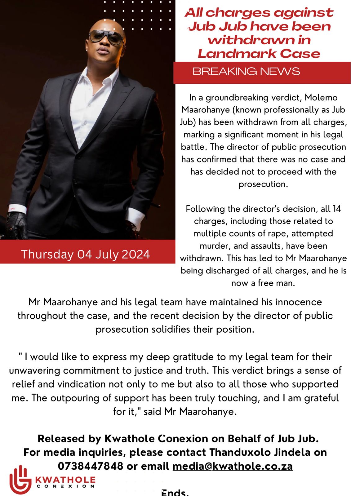 Jub Jub a free man after state drops charges – Y