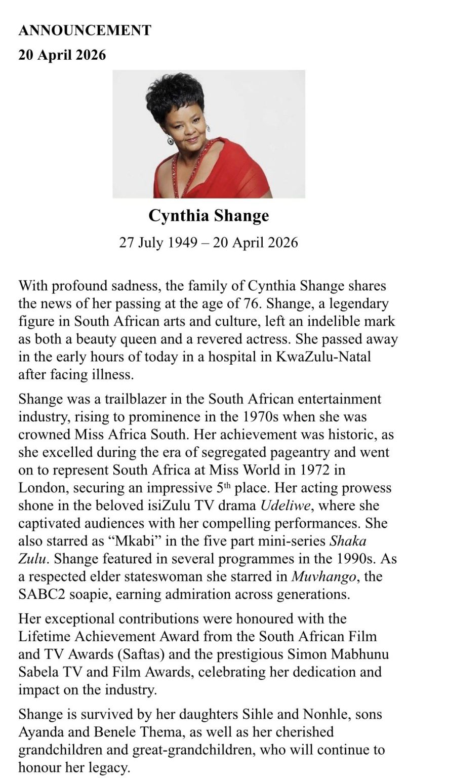 Cynthia Shange dies at 76 – Y WORLD